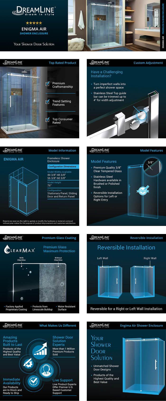 DreamLine Enigma Air 48-3/8 in. x 76 in. Frameless Corner Sliding Shower Door in Brushed ...